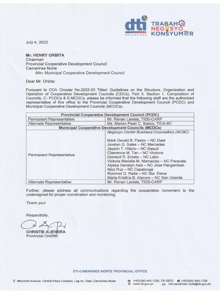 PCDC and MCDC Letter For Authorized Rep. | PDF