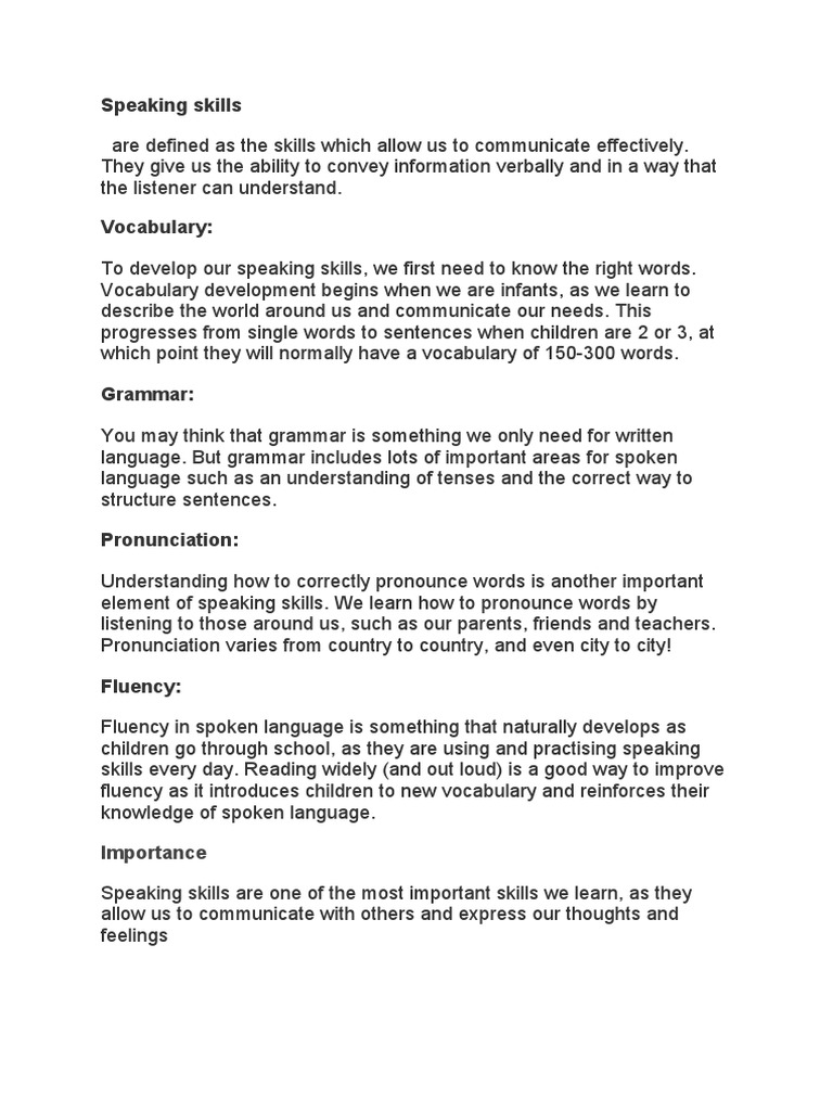 Speaking Skills For Communication | PDF | Fluency | Vocabulary