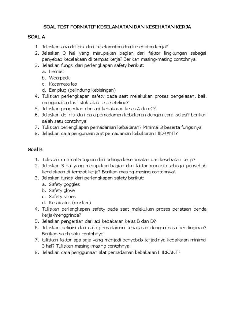 Soal Test Formatif Keselamatan Dan Kesehatan Kerja | PDF