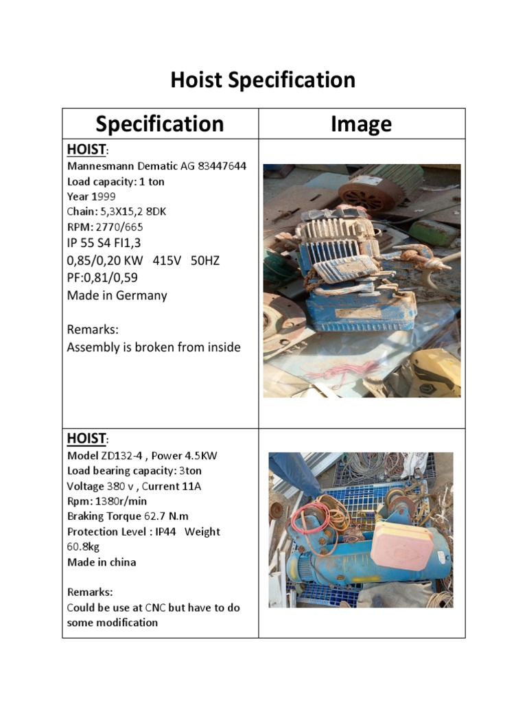 Hoist and Tank Details | PDF