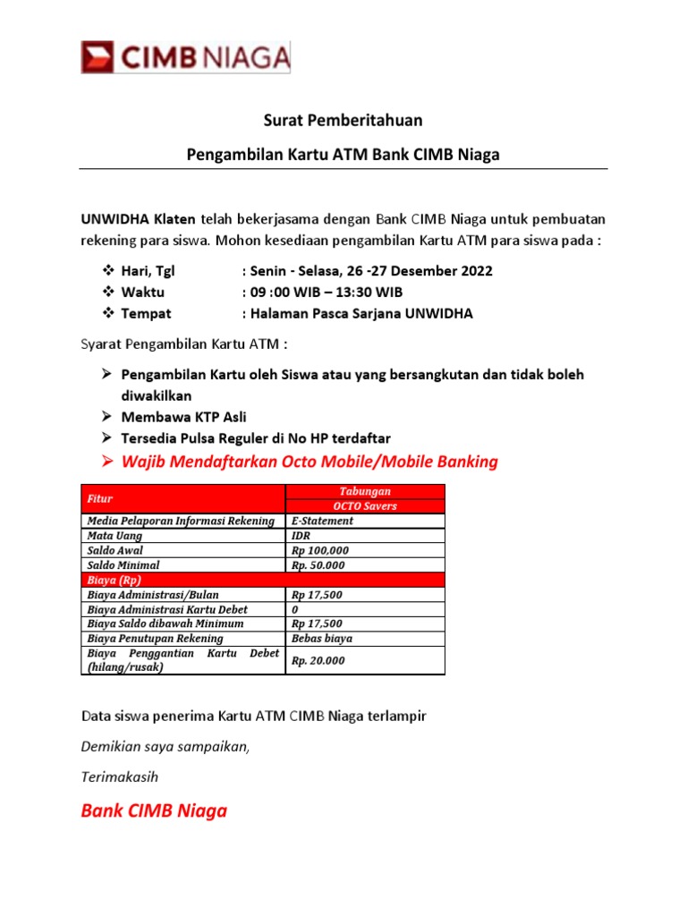 Surat Pemberitahuan Pengambilan Kartu ATM CIMB Niaga UNWIDHA 2627 ...
