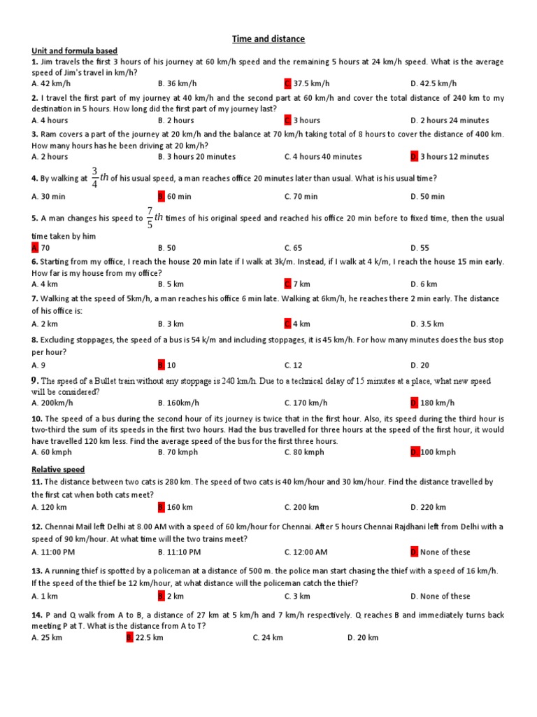 Time and Distance Worksheet-1 | PDF | Speed | Train
