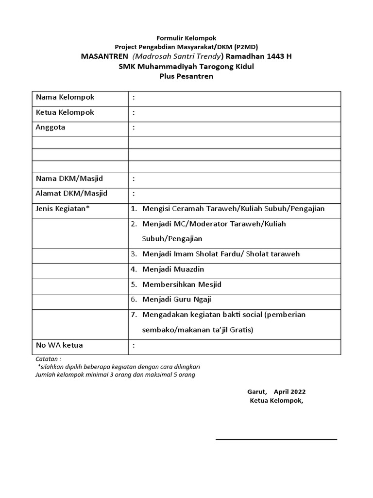 Formulir Kegiatan P2MD Masjid 1443 H | PDF