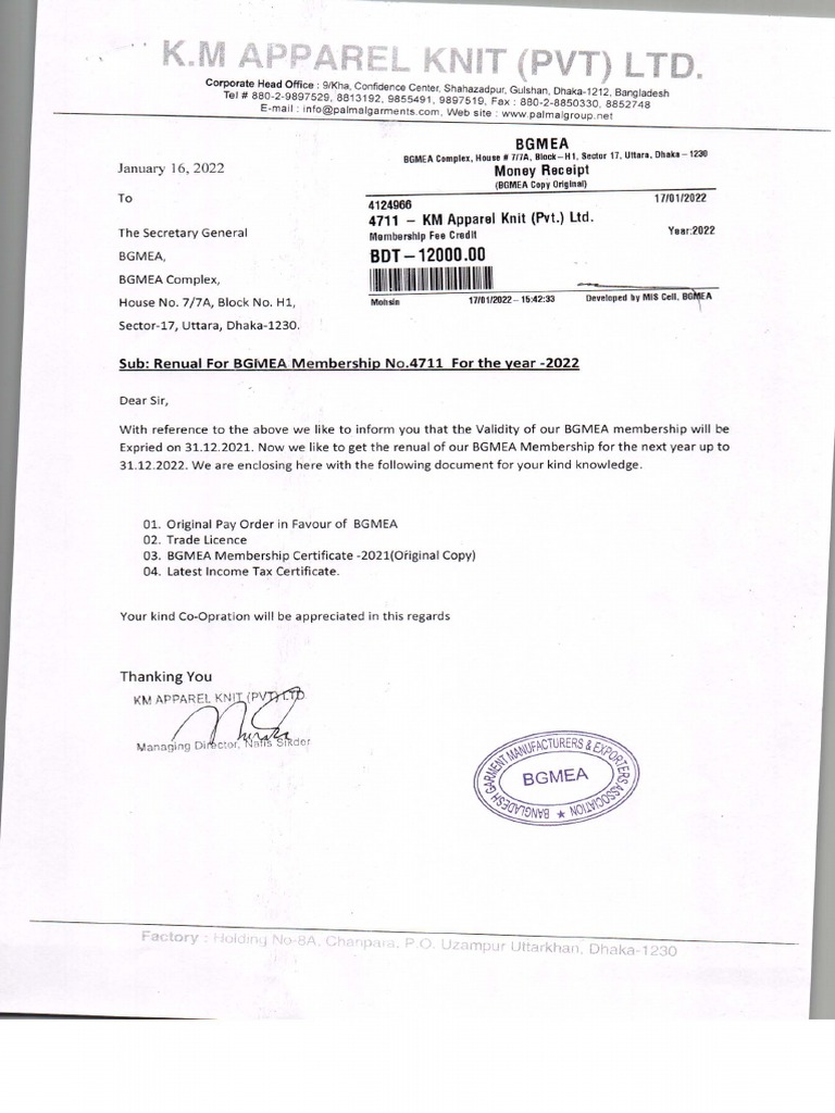 BGMEA Membership Renewal Fee-2022 001-3 | PDF
