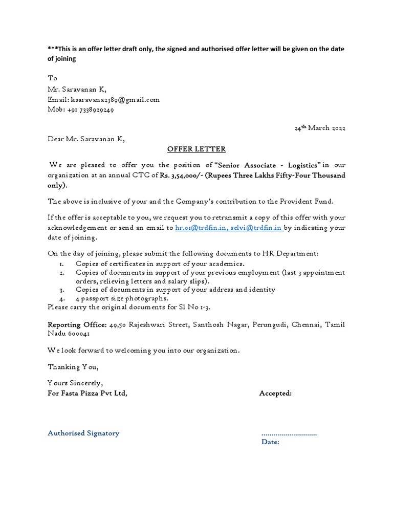 Offer Letter - Saravanan K | PDF