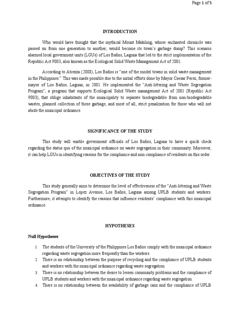 Effectiveness of The Municipal Order Regarding Waste Segregation in Los Baños | PDF | Recycling ...