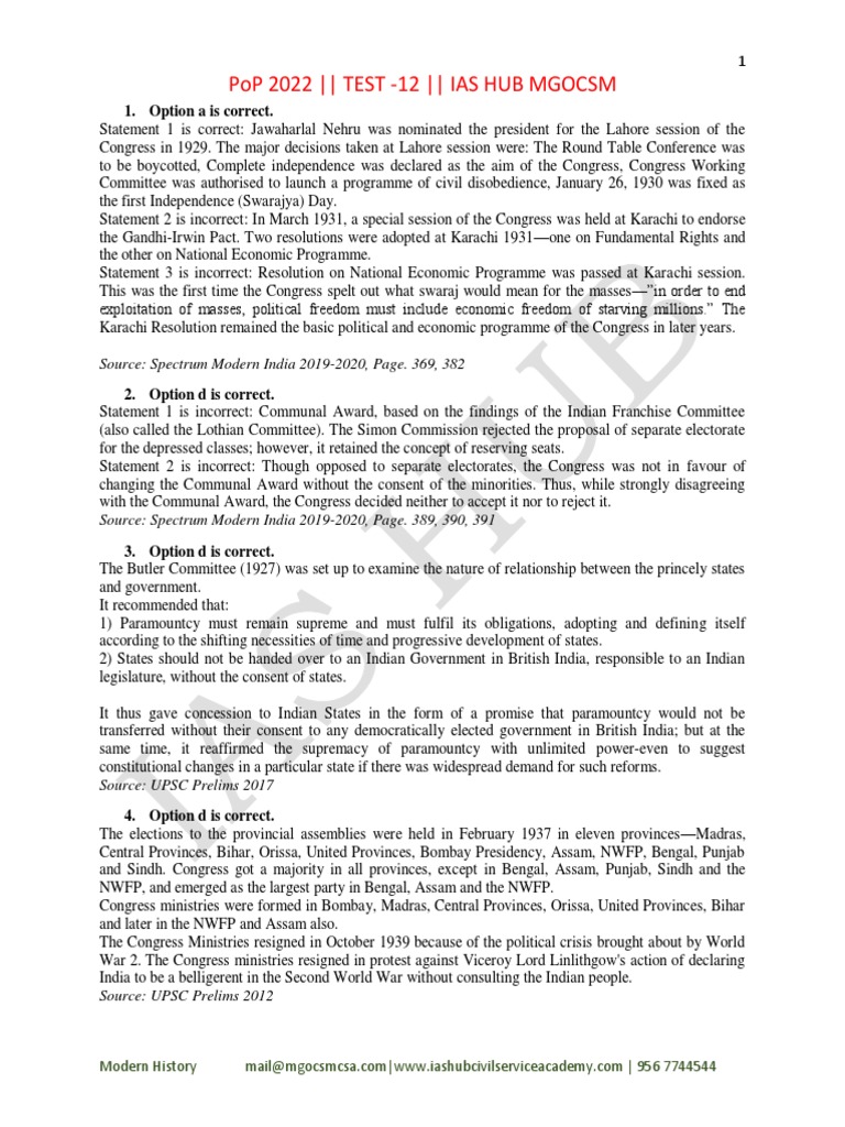 Test 12 Answer Key | PDF | Mahatma Gandhi | Jawaharlal Nehru