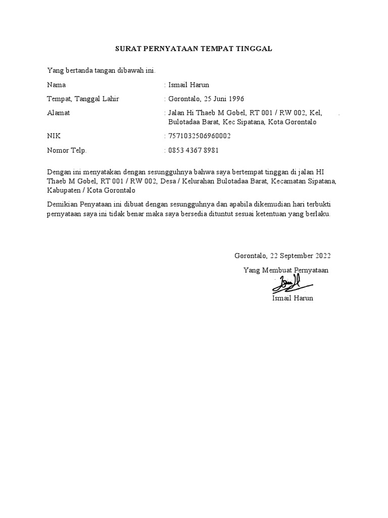 Surat Pernyataan Tempat Tinggal | PDF