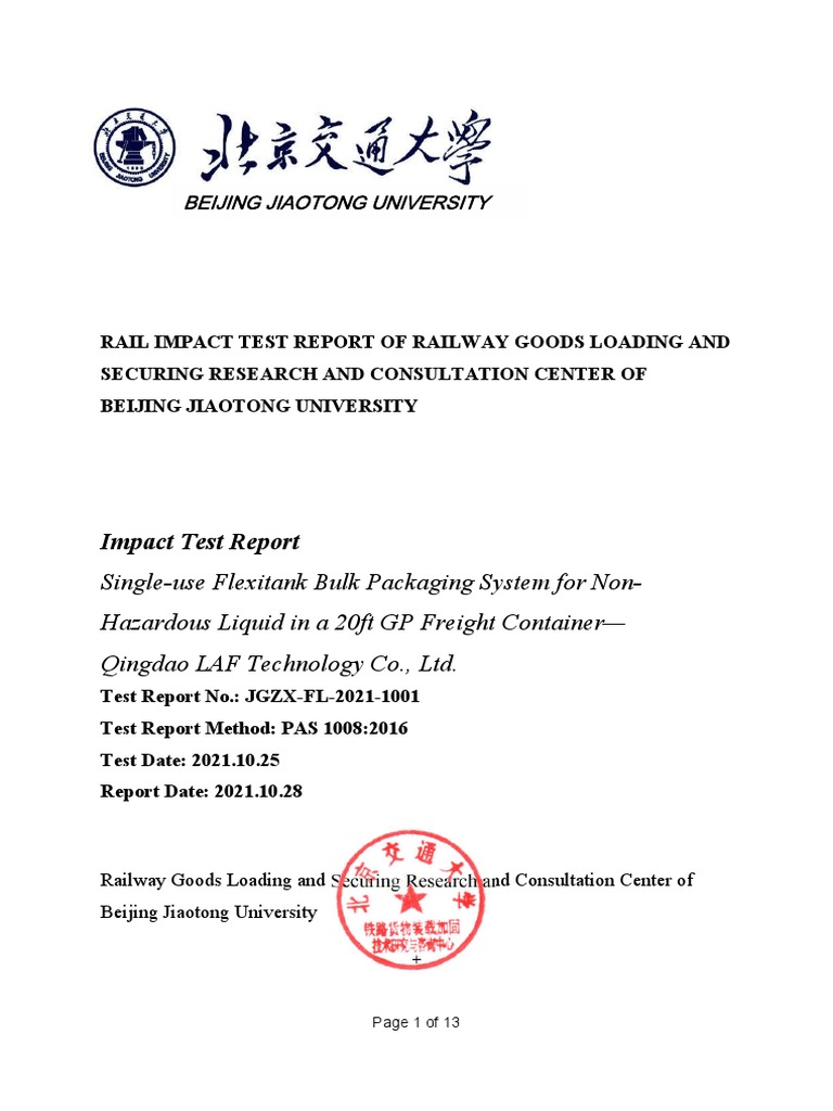 2021 10 29 Qingdao LAF Flexitank Rail Impact Test Report Final | PDF