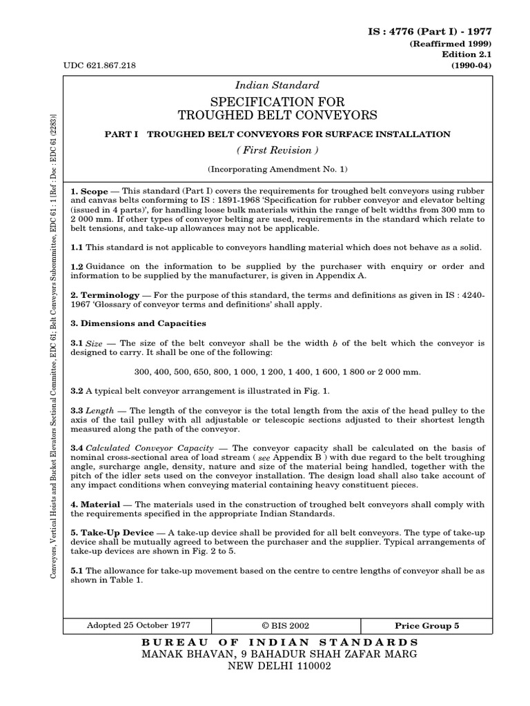 (Take Up) IS 4776-1977 Part-1 | PDF | Belt (Mechanical) | Electric Motor