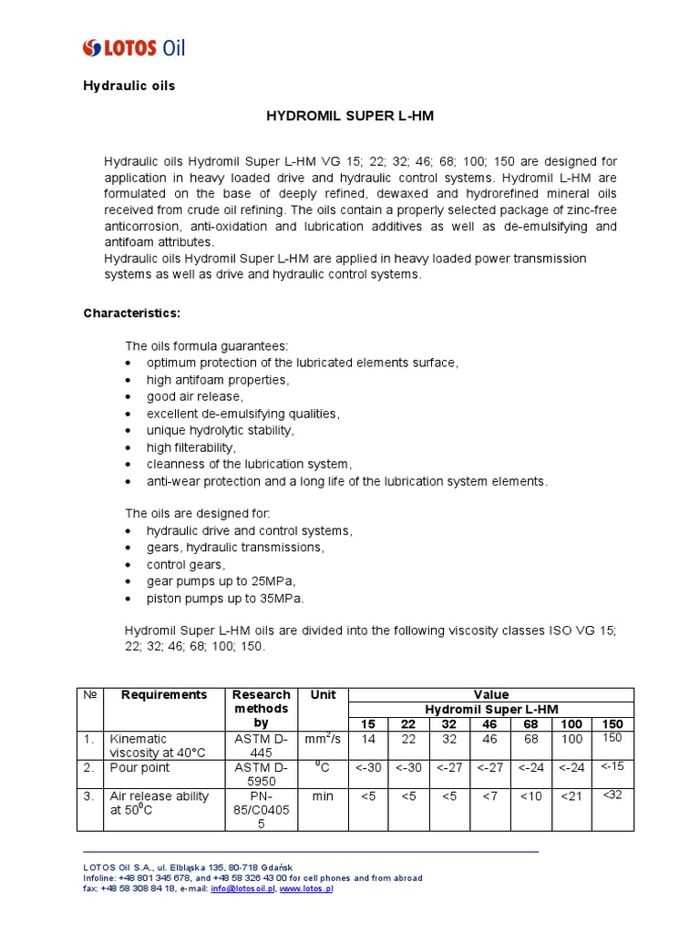 Lotos Hydromil Super HM, PDS, en | PDF | Oil | Liquids