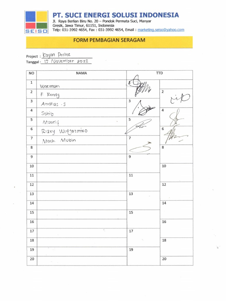 Form Pembagian Seragam Kayan Perlite | PDF