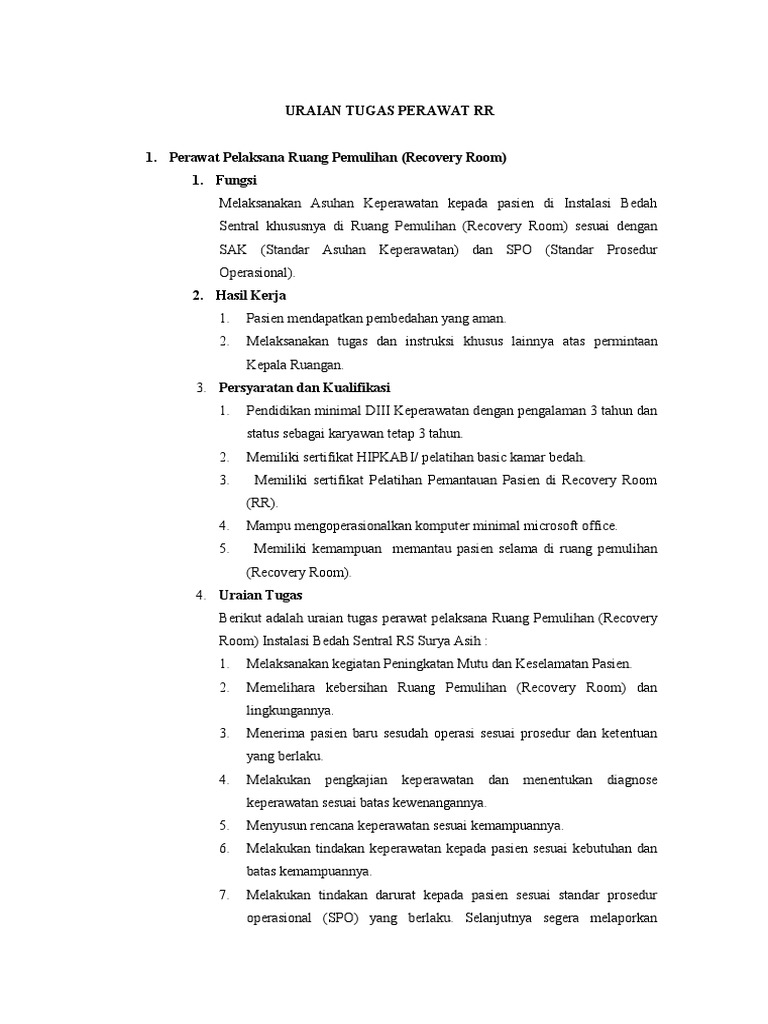 Uraian Tugas Perawat RR | PDF