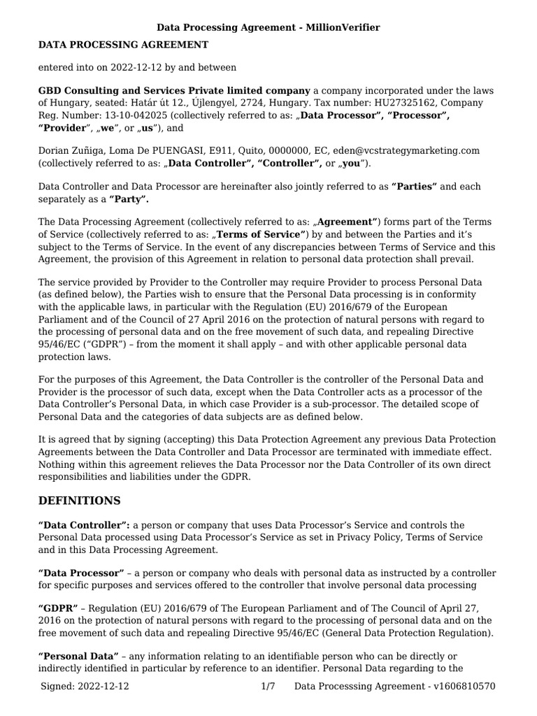 Data Processing Agreement - MillionVerifier | PDF | Indemnity | Common Law