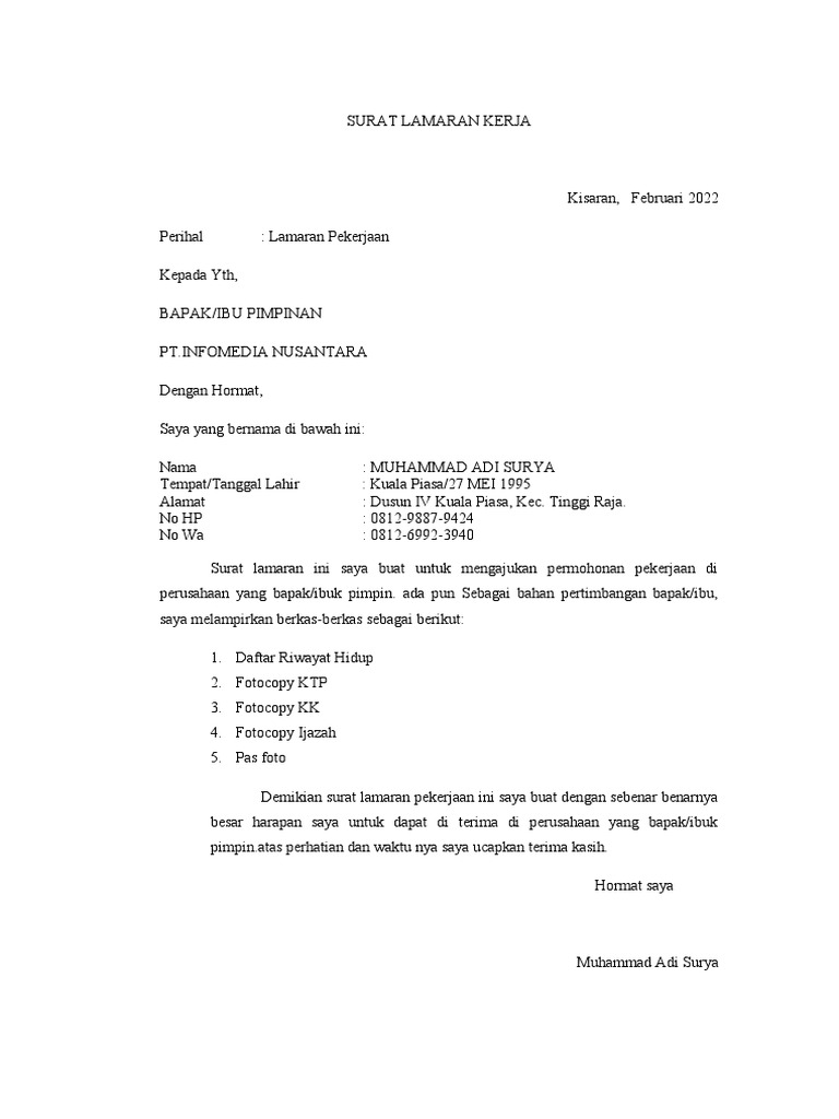 Surat Lamaran INDIHOME | PDF