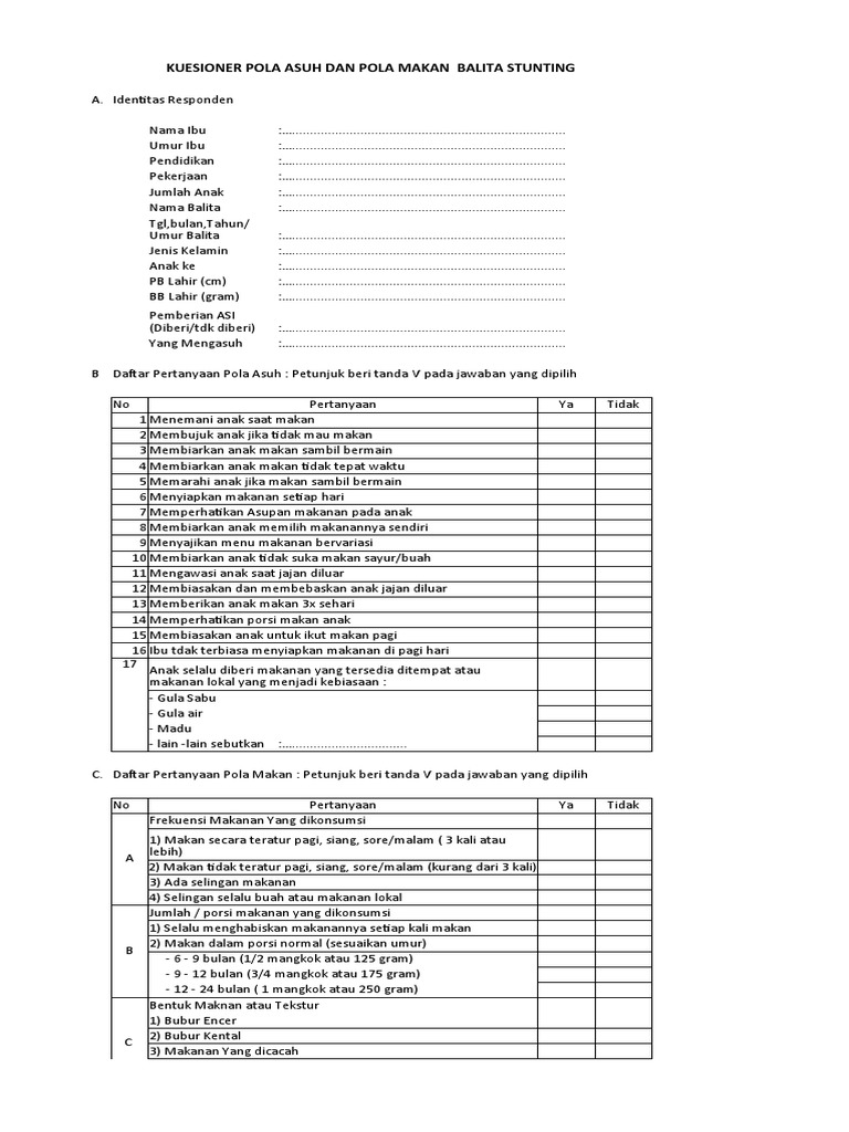 Kuesioner Pola Asuh Dan Pola Makan | PDF