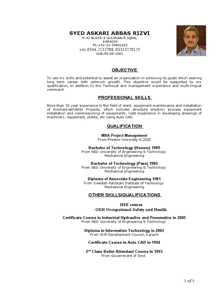 Detail C.V Syed Askari Abbas Rizv1!27!07-21 | PDF | Engineering | Machines