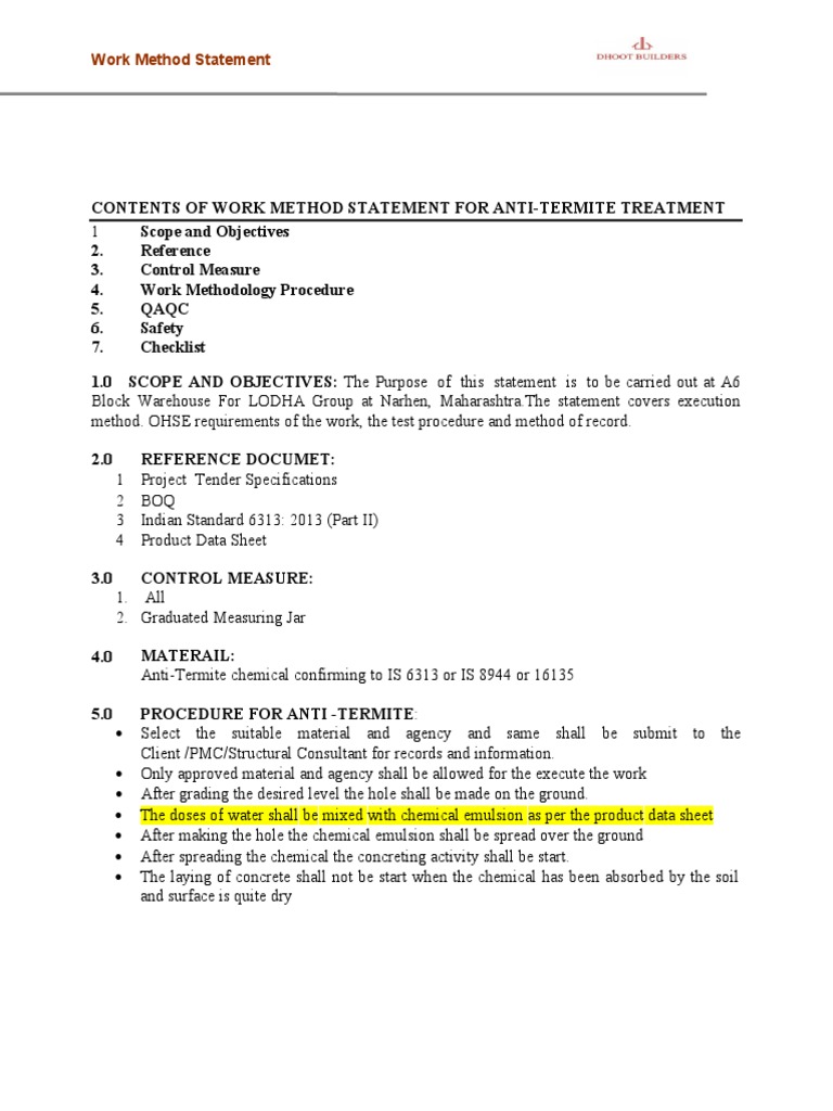 Anti-Termite Treatment Method Statement | PDF | Technology & Engineering