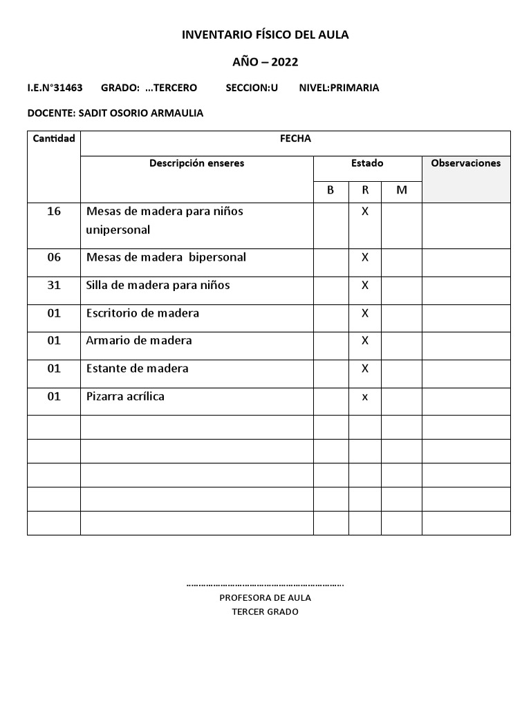 Inventario Físico Del Aula 3° | PDF
