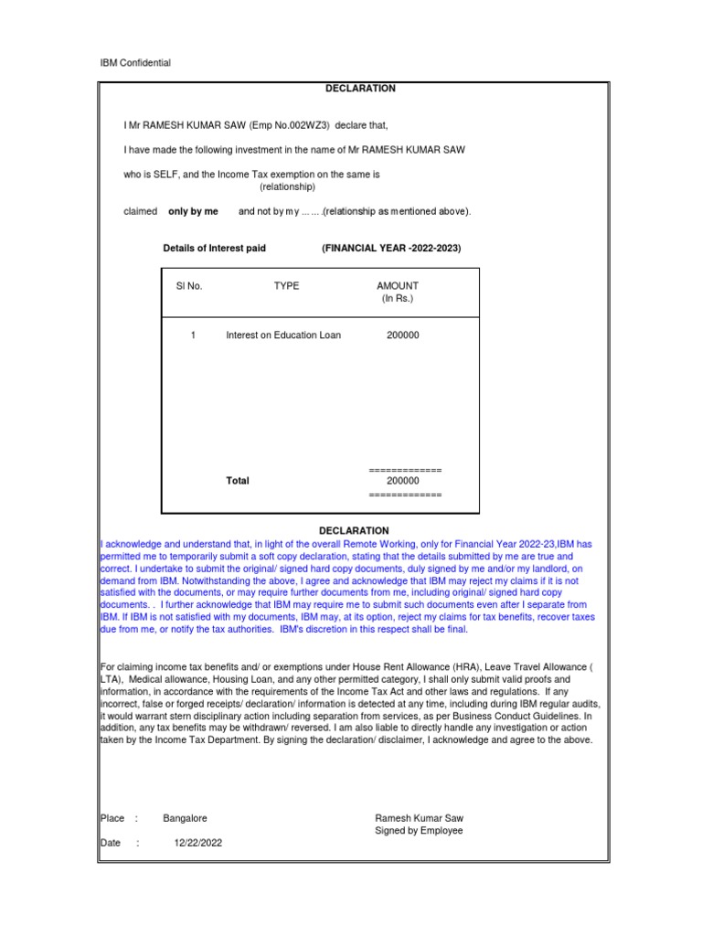 Income Tax Declaration for Education Loan | PDF | Taxes | Payments