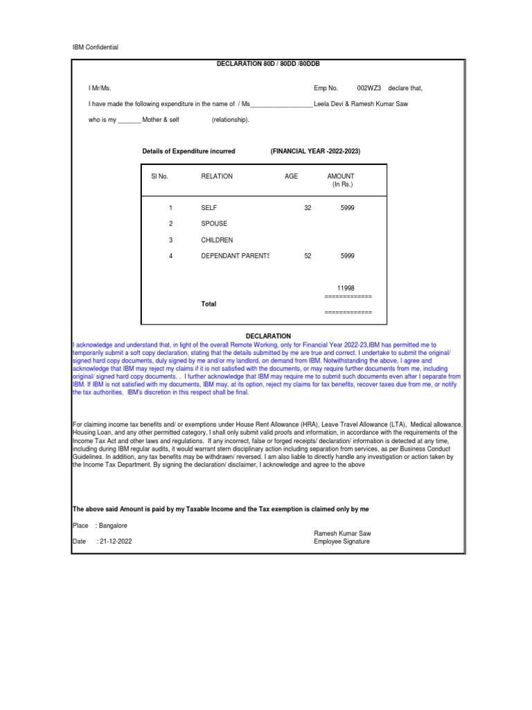 Self Declaration Form - Sec-80D | PDF | Taxes | Expense