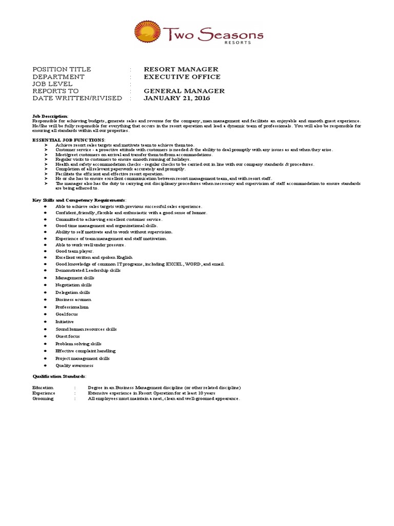 Resort Manager Job Description and Skills | PDF | Competence (Human ...