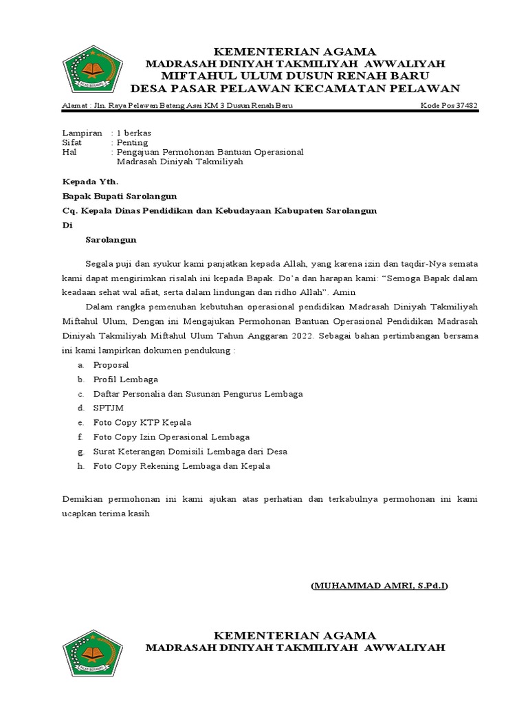 Contoh Proposal MDT Miftahul Ulum 2022 | PDF