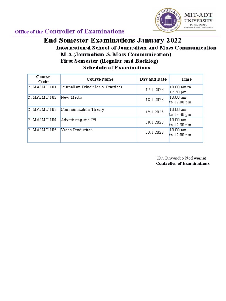 BAJMC&MAJMC First Sem Exam Schedule | PDF | Journalism | Mass Media