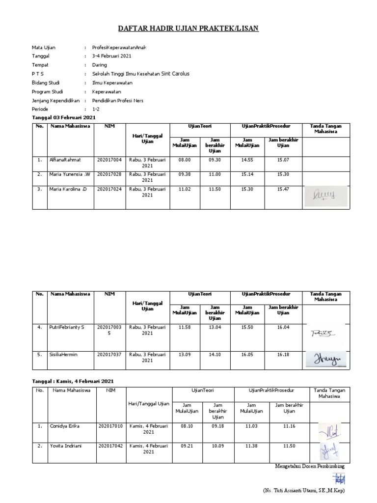 Contoh Daftar Hadir Ujian Praktek | PDF