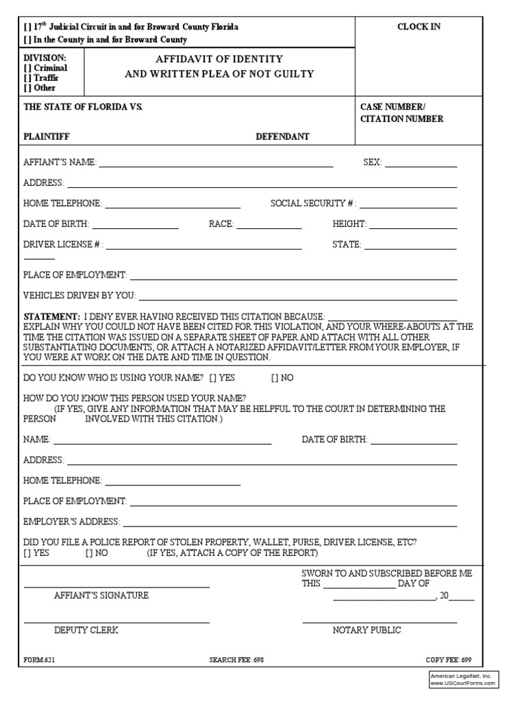 Affidavit of Identity and Written Plea of Not Guilty | PDF | Affidavit ...