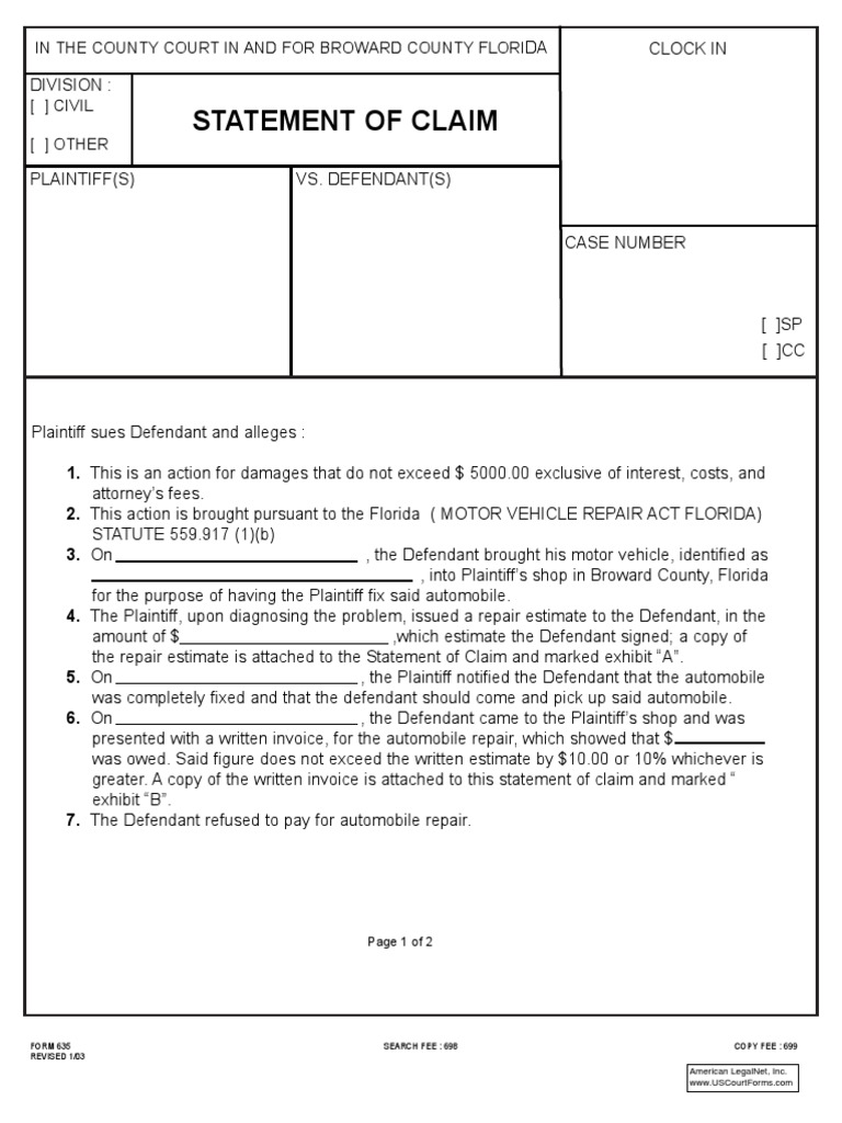 Florida Motor Vehicle Repair Claim Form | PDF | Subpoena | Witness