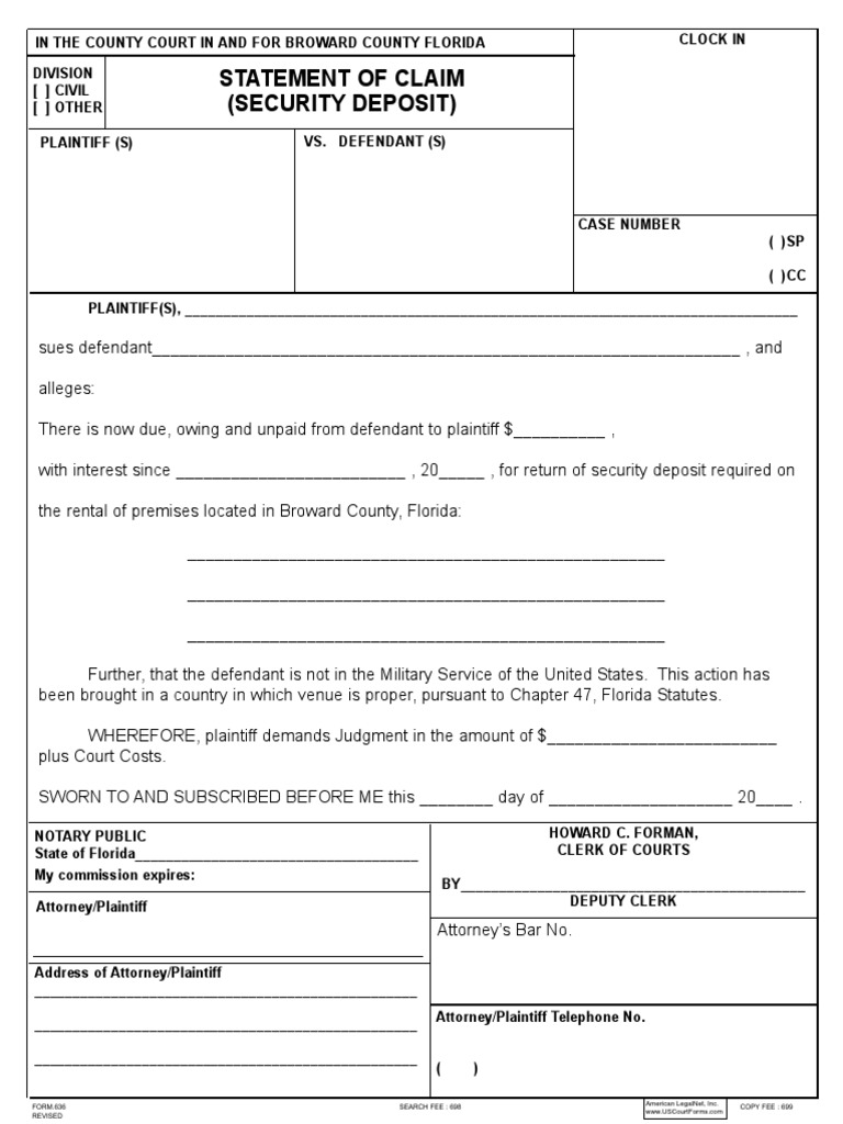 Statement Claim Security Deposit | PDF | Subpoena | Lawyer