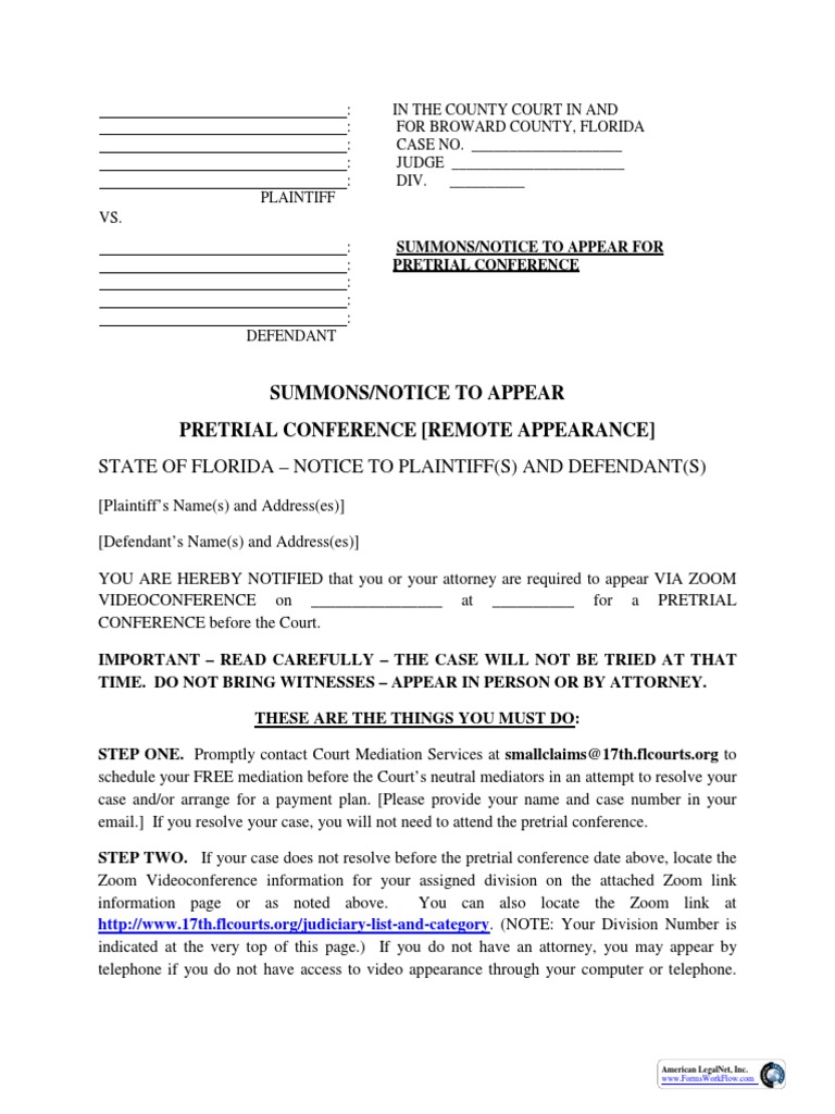Summons Notice To Appear Pretrial Conference - Via Remote Zoom (Small ...
