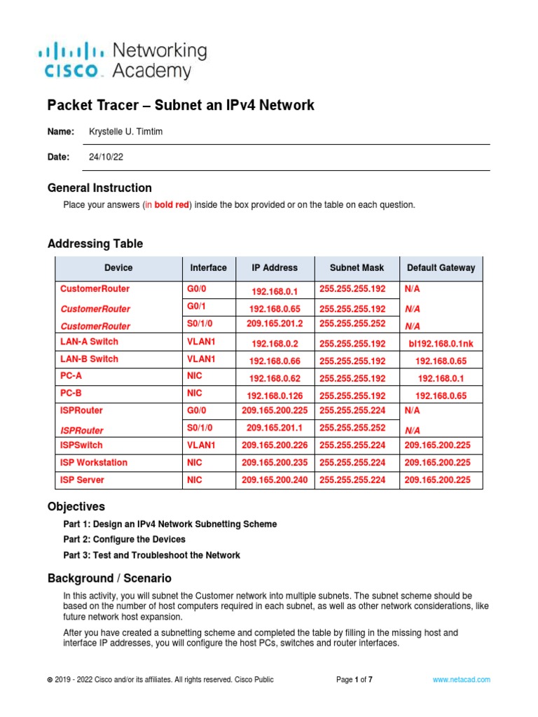 11 5 5 Packet Tracer Subnet An Ipv4 Network Pdf Ip Address Router Computing