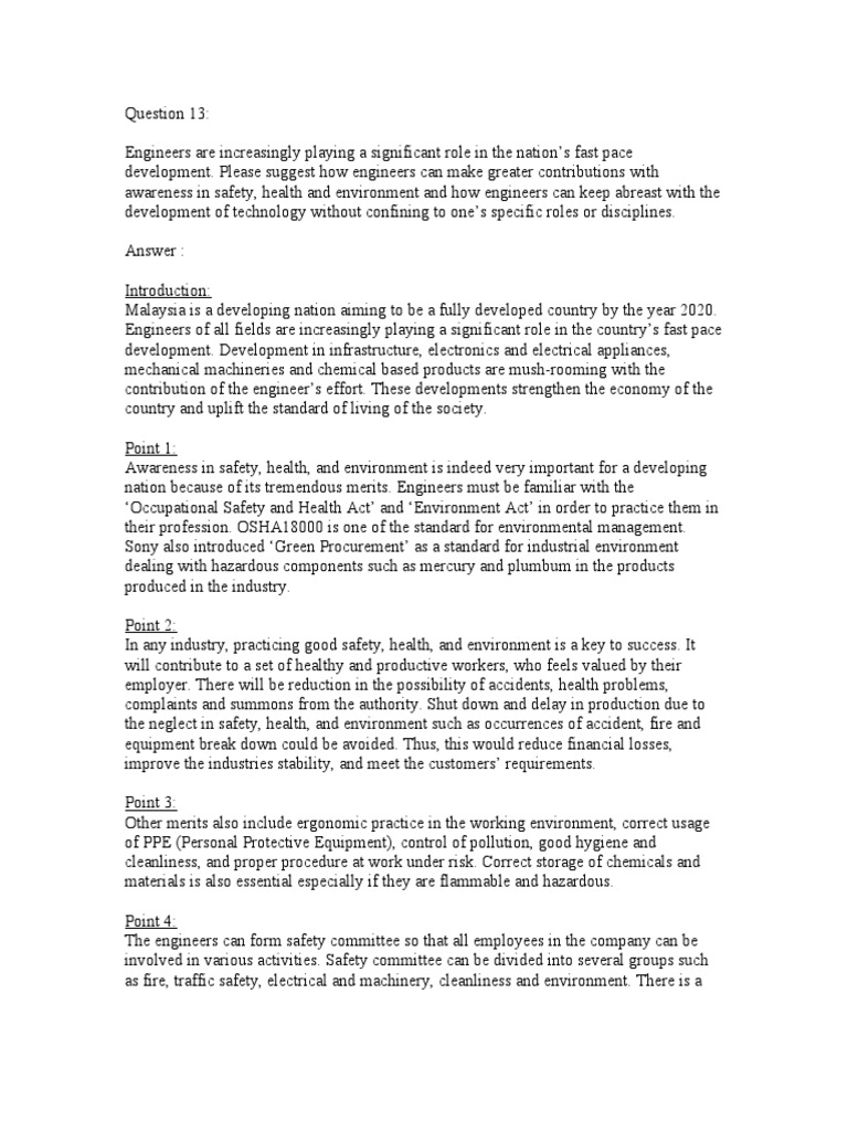 Question 13 - Engineer Contribute HSE & Keep Abreast With Development ...