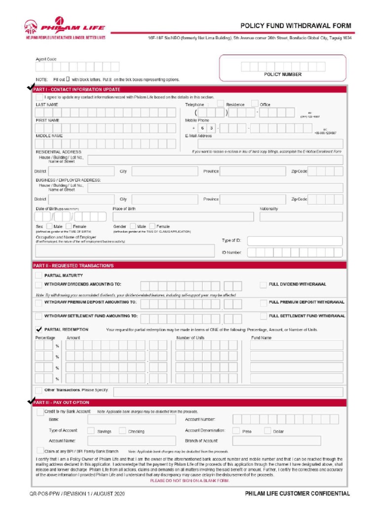 AIA Philam Life Policy Fund Withdrawal Form | PDF