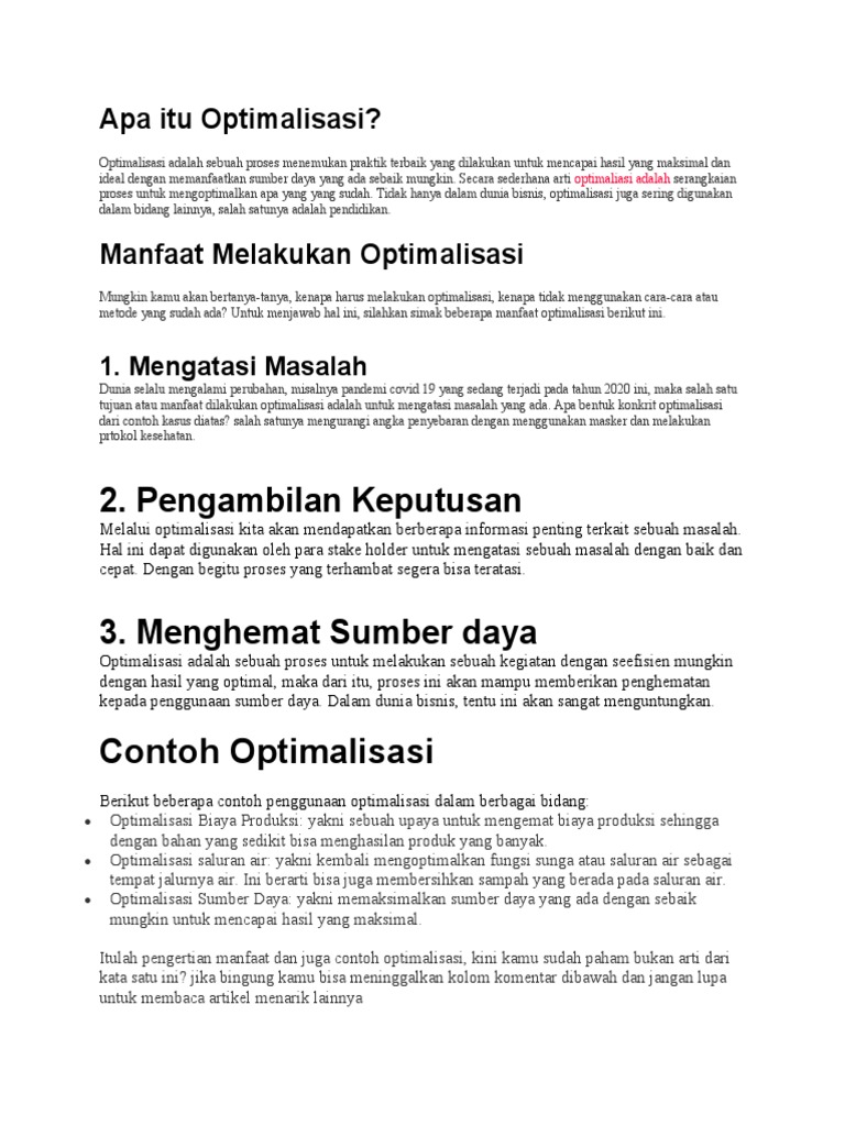 Pengertian dan Manfaat Optimalisasi | PDF