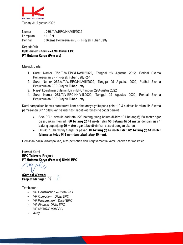 085.TLV - EPC.HK - VIII.2022, Skema Penyesuaian SPP Proyek Tuban Jetty | PDF