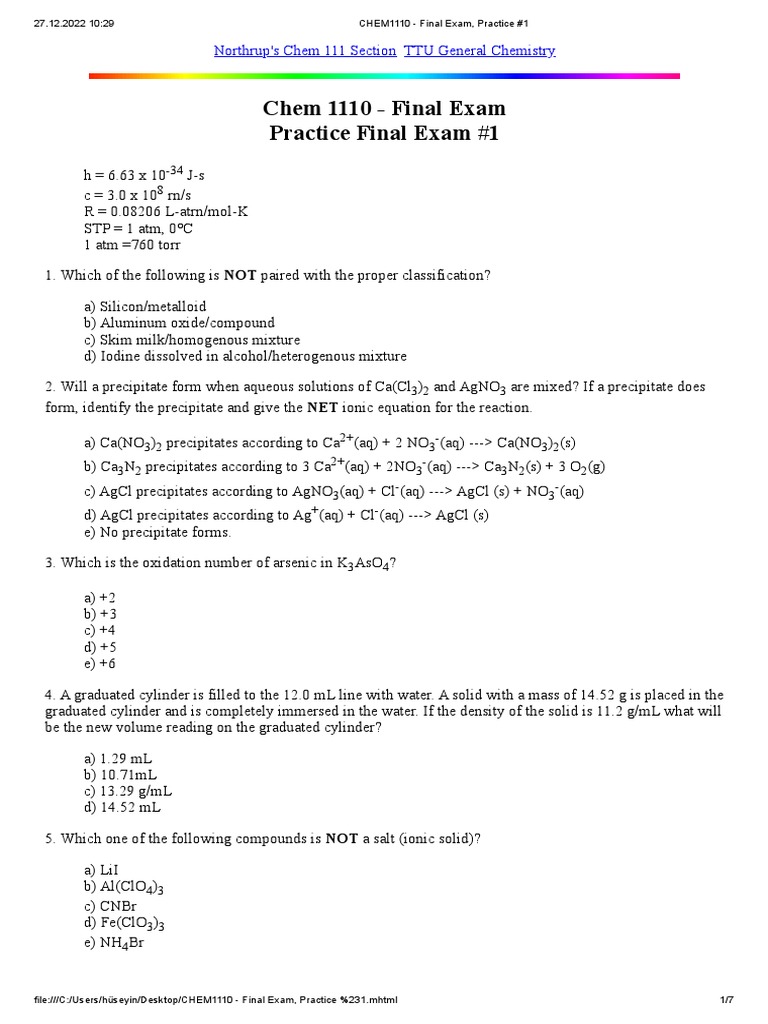 Chem 1110 Final Exam Practice Questions | PDF | Gases | Covalent Bond
