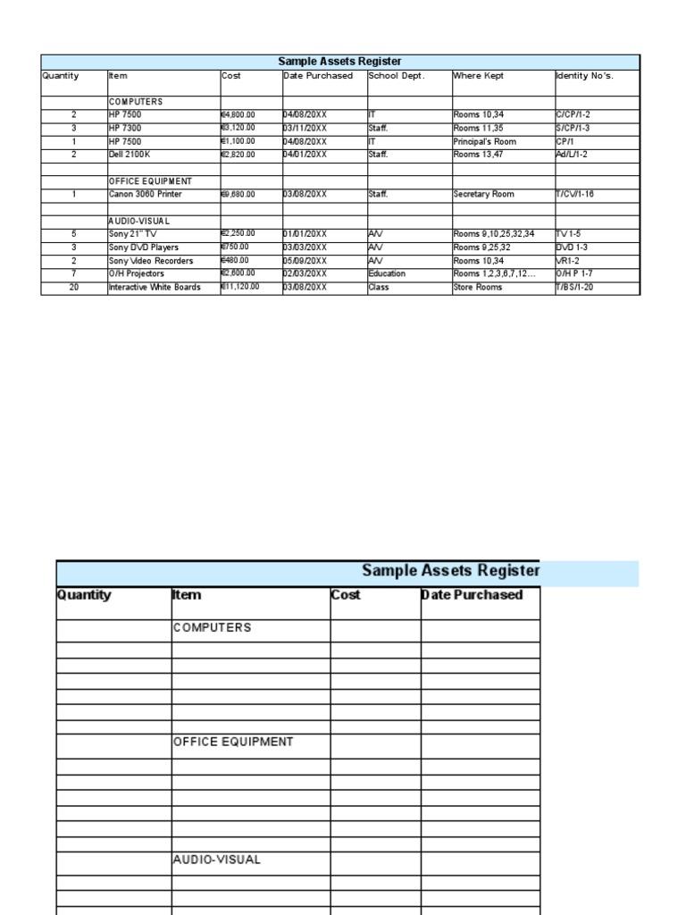 Sample Fixed Assets Register Excel - J1 | PDF
