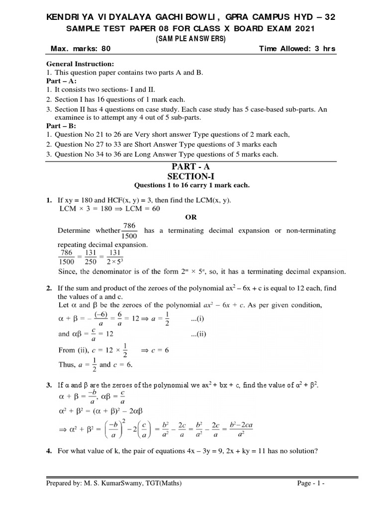 Maths Class X Sample Test Paper 08 For Board Exam 2020 21 Answers | PDF ...