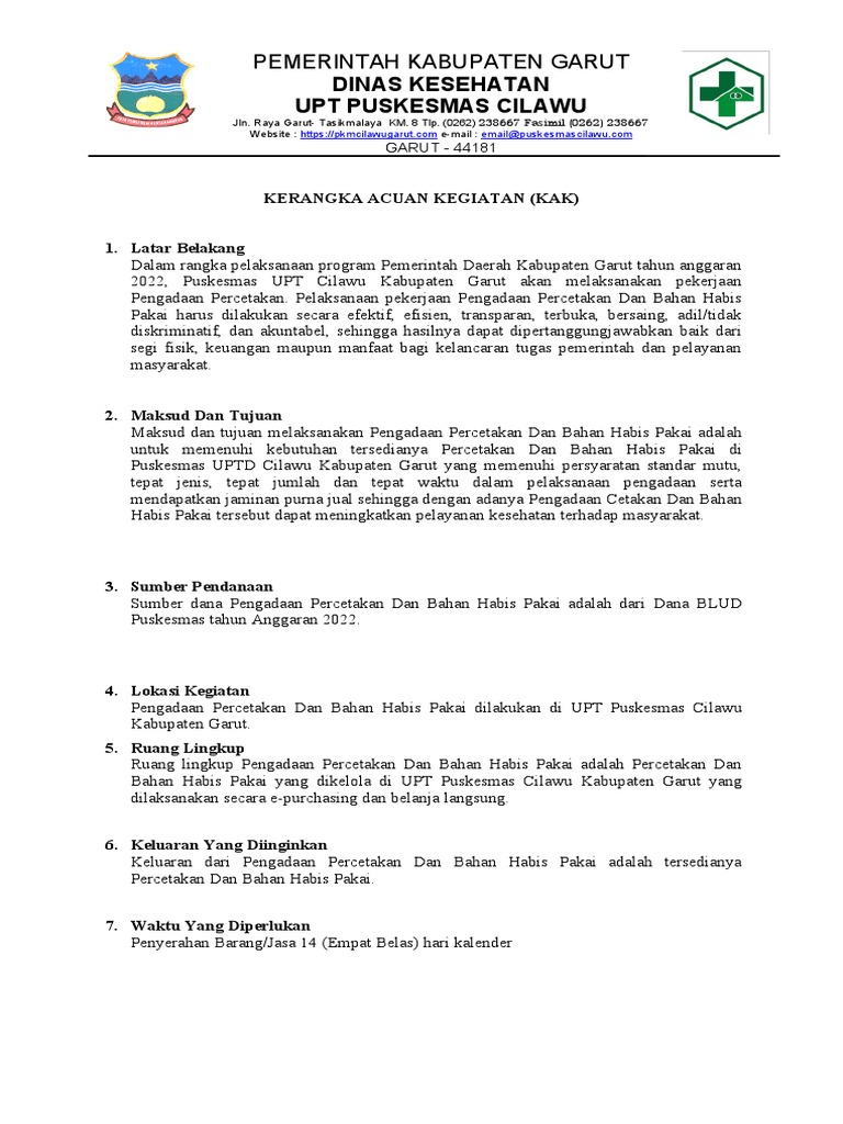 Pemerintah Kabupaten Garut: Dinas Kesehatan Upt Puskesmas Cilawu | PDF