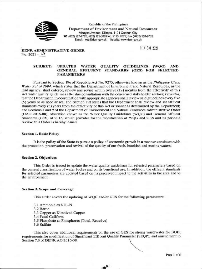 DAO 2021 19 Updated WQG and GES For Selected Parameters | PDF