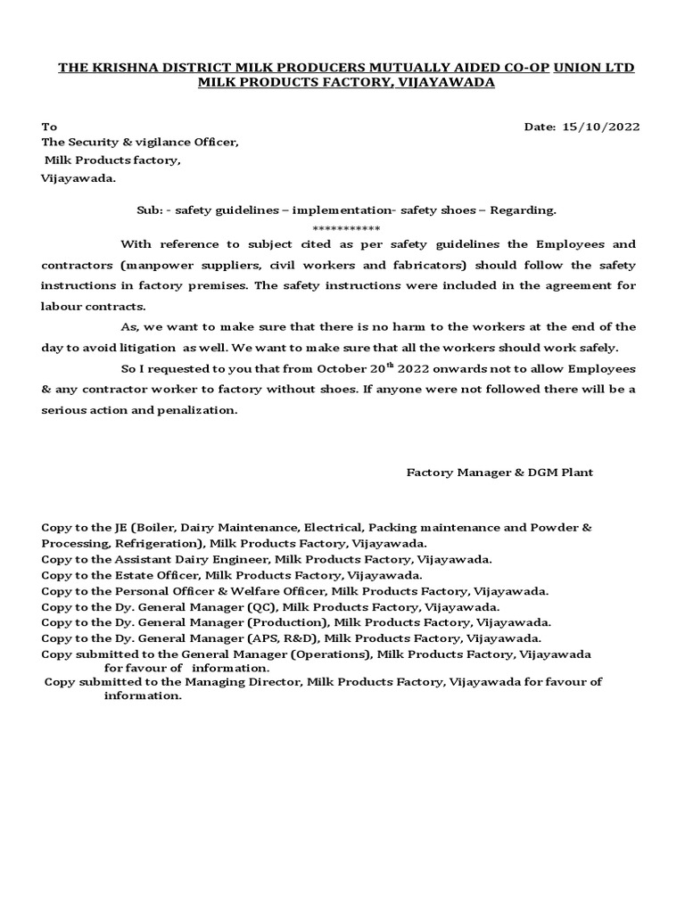 Letter For Safety Shoes Implementation | PDF | Employment | Dairy