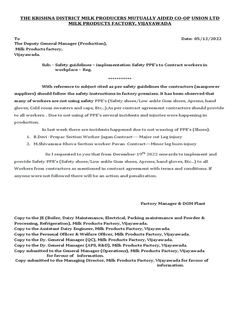 Letter For Safety PPE's To Contract Workers | PDF