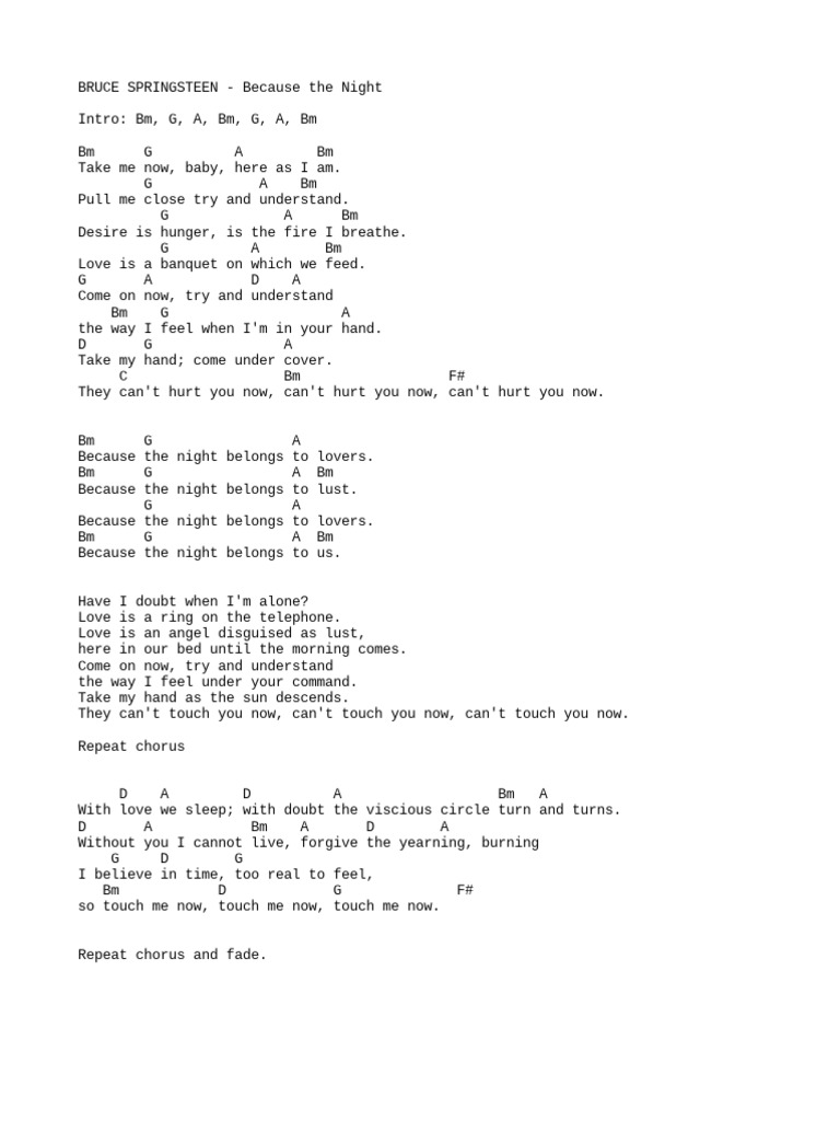 Bruce Springsteen - Because the Night Lyrics | PDF