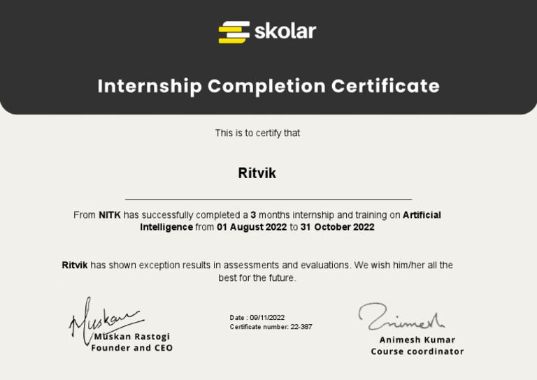 Skolar - Internship Completion Certificate - Ritvik | PDF