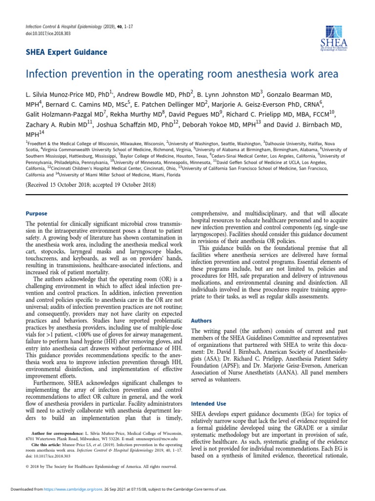 Infection Prevention in The Operating Room Anesthesia Work Area | PDF ...
