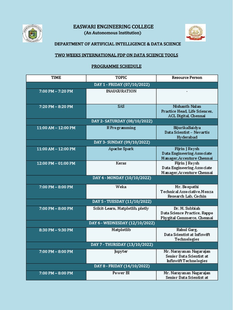 FDP On Data Science Tools Programme Schedule | PDF | Computing | Science