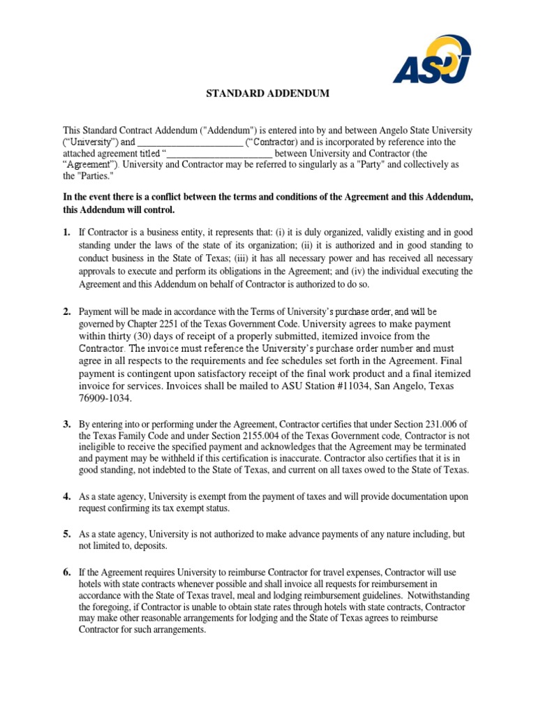 Standard Addendum To Contract | PDF | Indemnity | Legal Liability